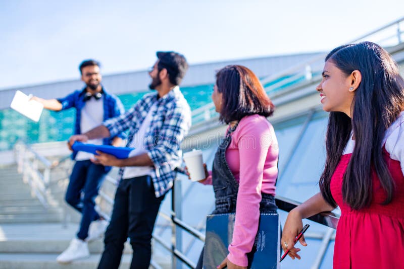 Indian Students Keeping Distance and Do Home Work Outdoors Stock Image ...