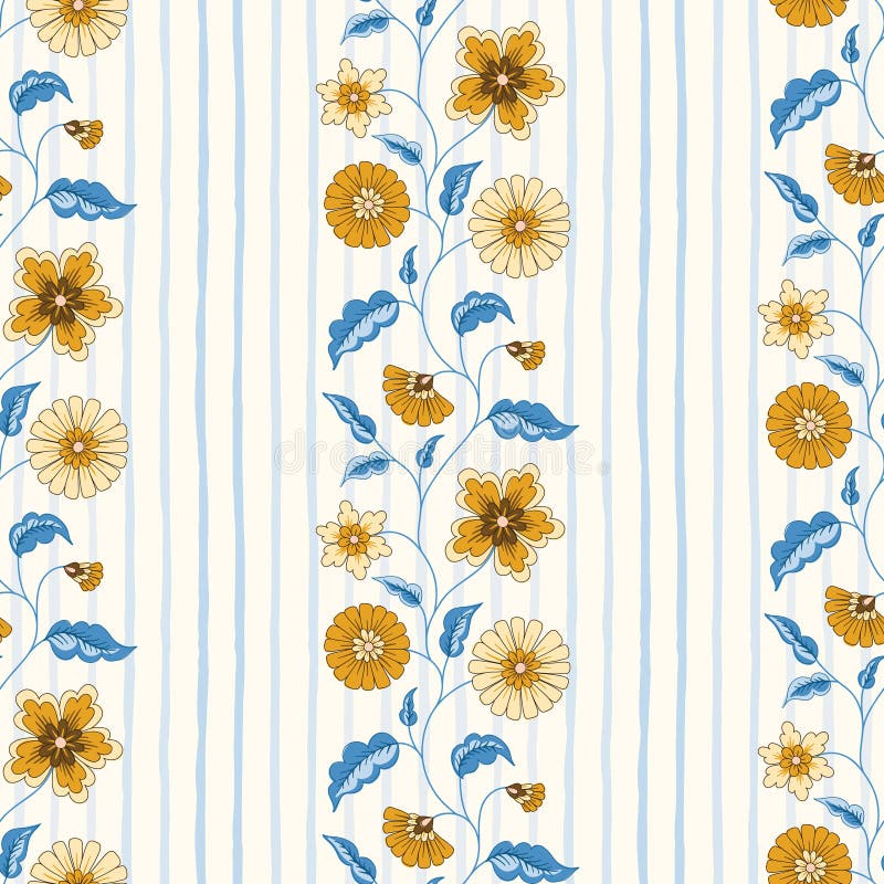 Indian Chintz Flowers and Vertical Stripes Vector Seamless Pattern ...