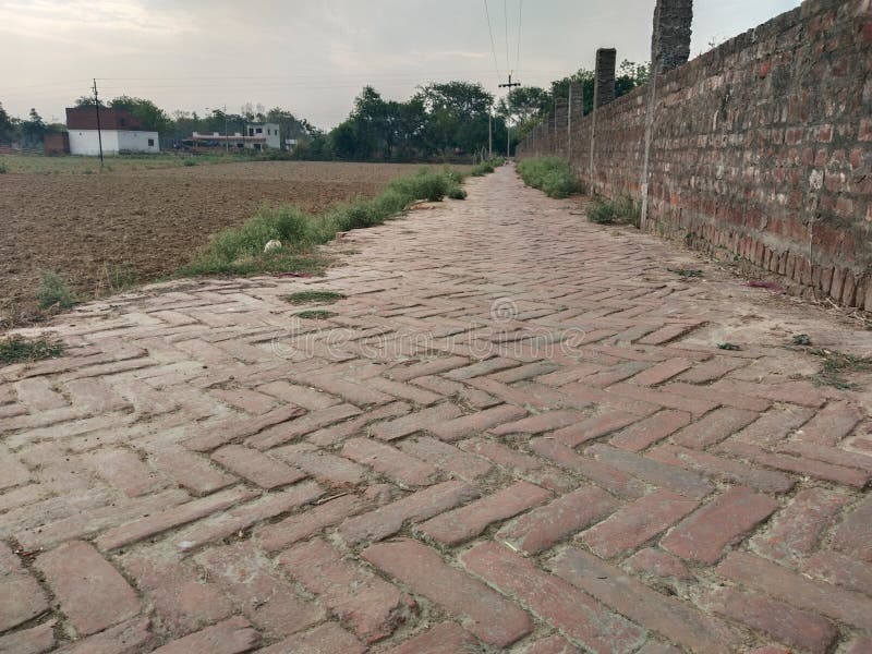 Indian Village Road. Old Red Rectangle Brick Path or Trail or Sidewalk ...