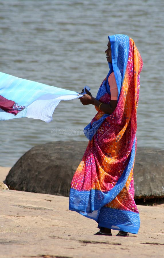 Indian Woman Drying Laundry Editorial Stock Image - Image of asian ...