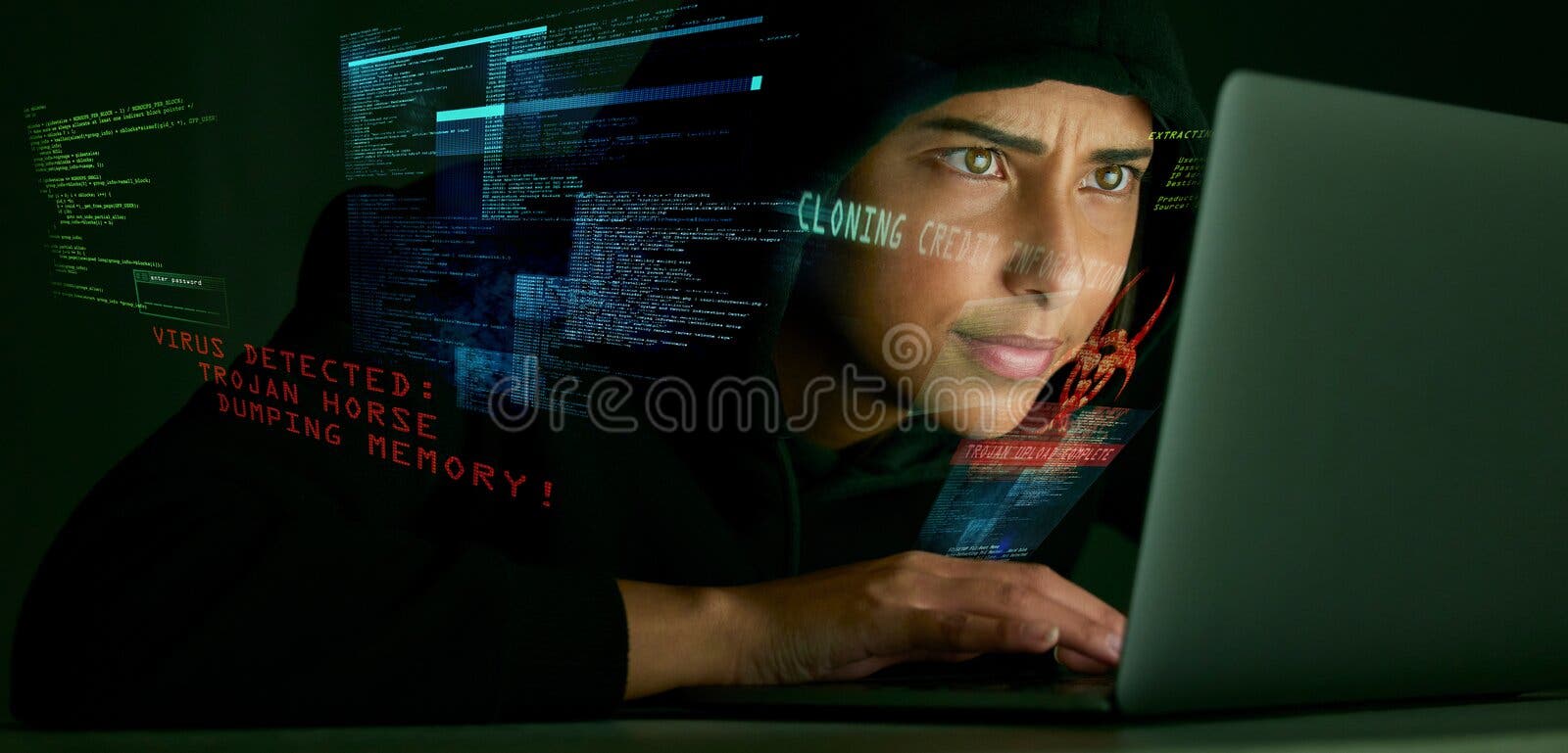 Hacker Code And Night With Woman And Laptop Screen For Ransomware Cyber Security And Phishing