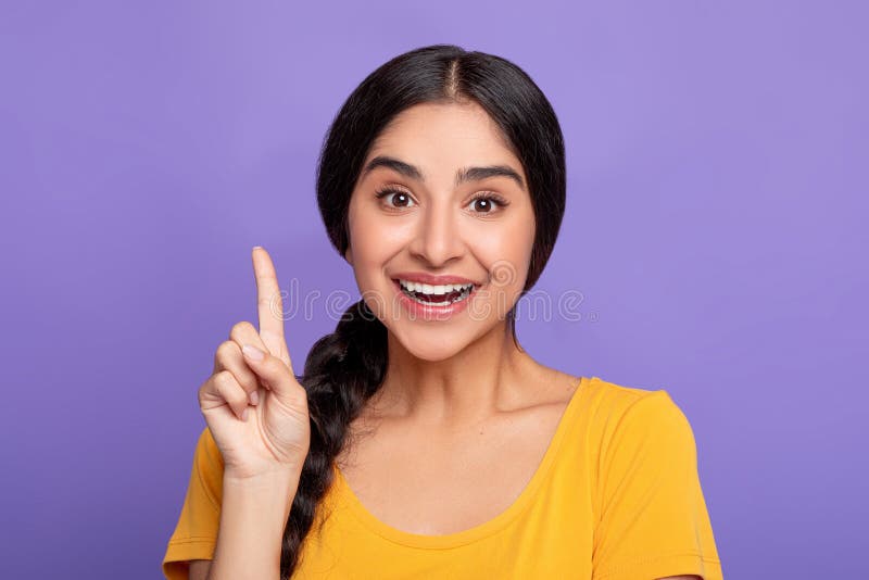Indian Woman Has Great Idea and Points Up Stock Photo - Image of point ...