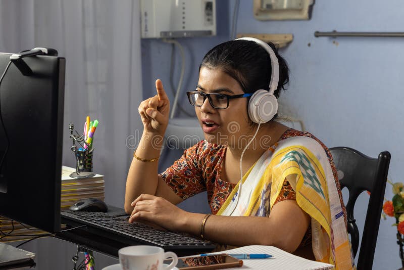 Indian Woman in Saree Working on Computer Stock Photo - Image of ...