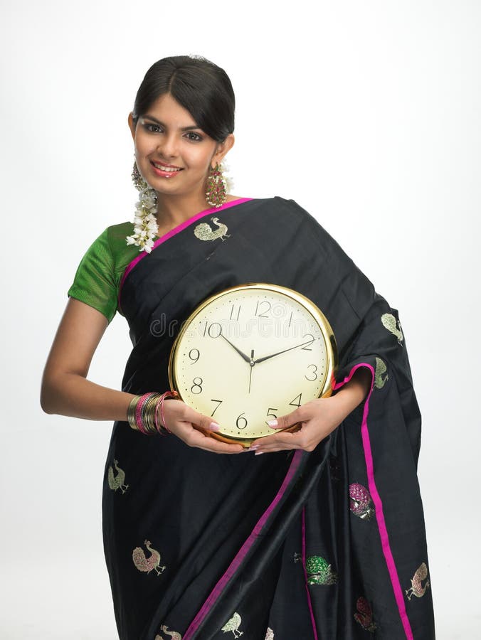 Indian Woman Standing with the Clock Stock Image - Image of flowers ...