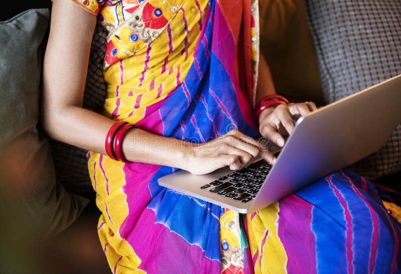 Indian Woman Using Computer Laptop Stock Photo - Image of technology ...