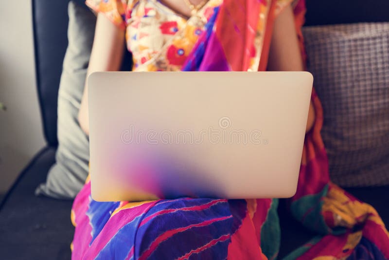 Indian Woman is Using Computer Laptop Stock Image - Image of digital ...