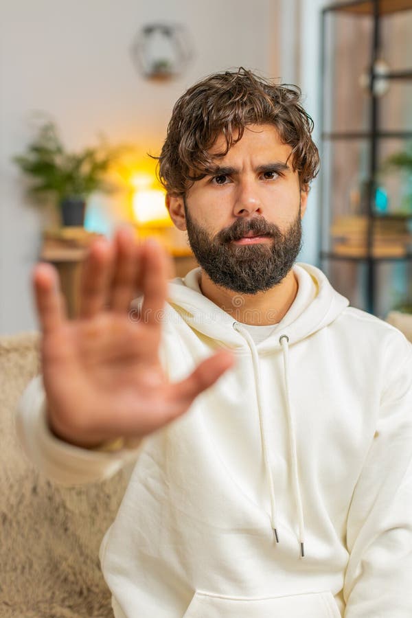 Indian Young Man Guy on Sofa Couch with Serious Expression Doing Stop ...