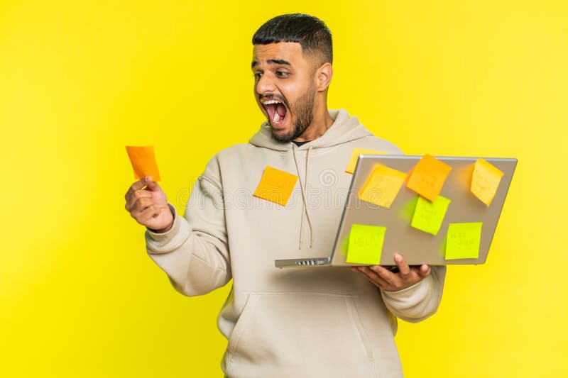Indian Young Man with Pasted Sticker Notes Use Laptop Having ...