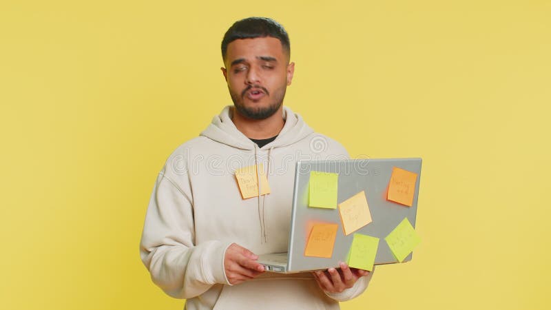 Indian Young Man with Pasted Sticker Notes Use Laptop Having ...