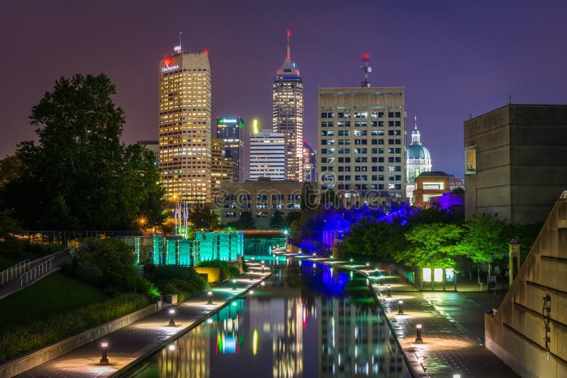 The Indiana Central Canal and Downtown Skyline at Night in Indianapolis ...