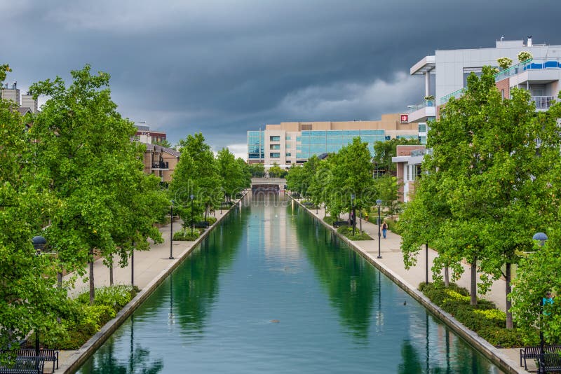 The Indiana Central Canal and Downtown Skyline at Night in Indianapolis ...
