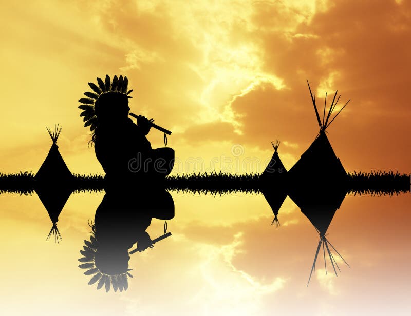 Indiano Com a Flauta No Por Do Sol Ilustração Stock - Ilustração de ...