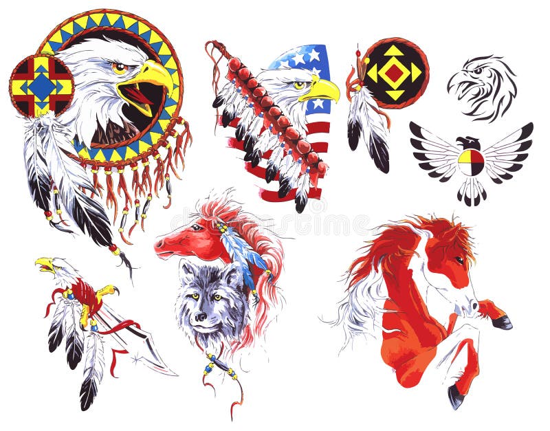Native American Indians Tattoo Set. Set of Labels and Elements. Vector ...