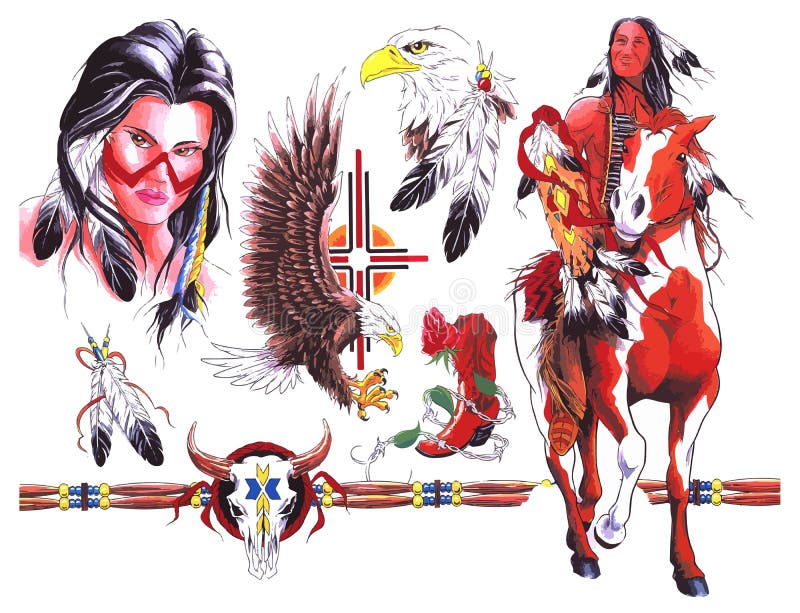 Indians Tattoo Set. Native American Tattoo. Set of Labels and Elements ...