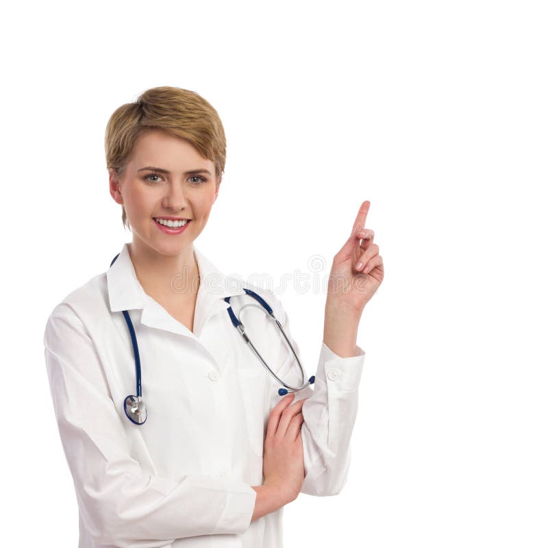 Indicare medico femminile. fotografia stock. Immagine di capelli - 37388048