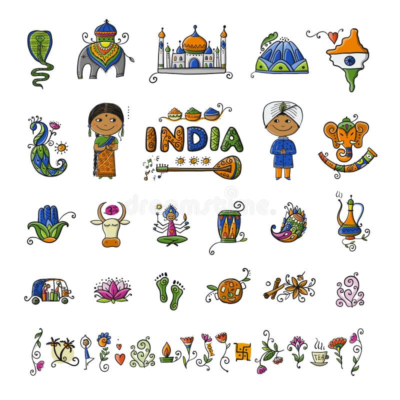 Indien, Icons set Entwurf vektor abbildung. Illustration von ...