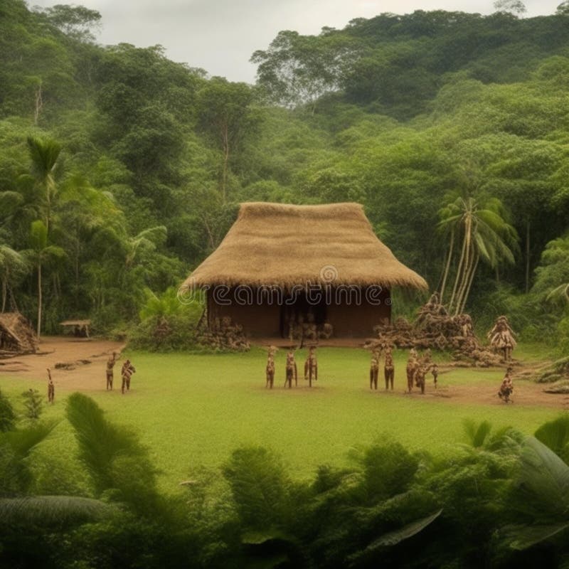 Indigenous Tribe in a Village Surrounded by Trees. Stock Illustration ...