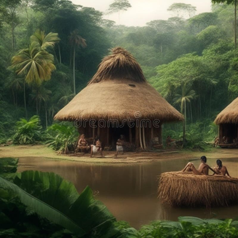 Indigenous Tribe in a Village Surrounded by Trees. Stock Illustration ...