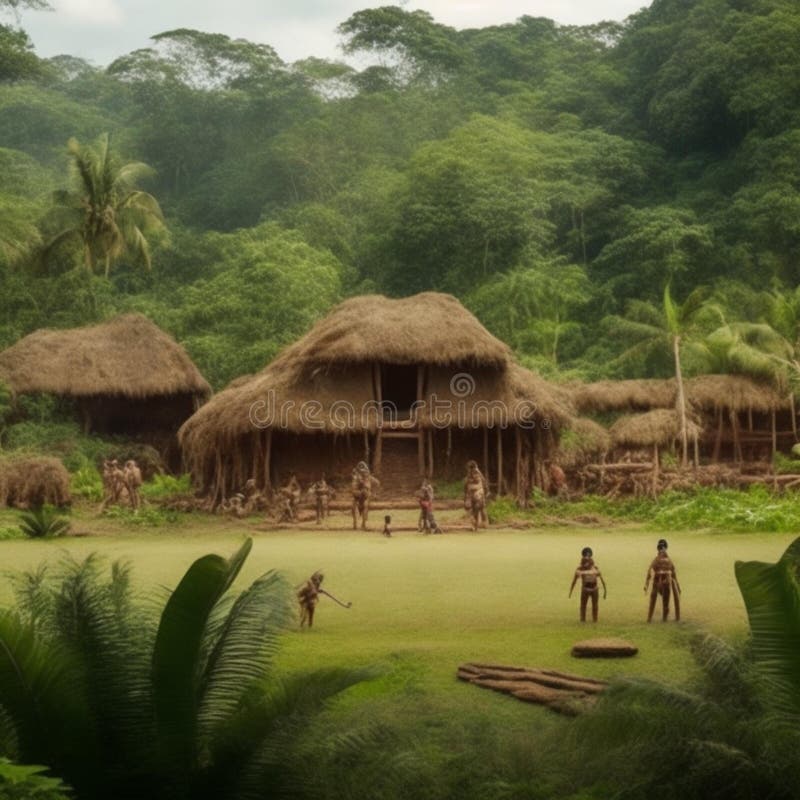 Indigenous Tribe in a Village Surrounded by Trees. Stock Illustration ...