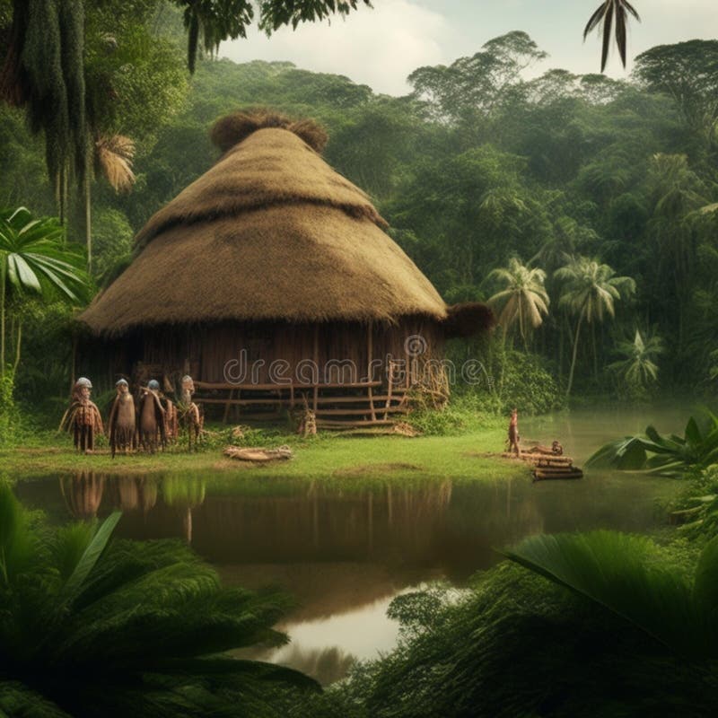 Indigenous Tribe in a Village Surrounded by Trees. Stock Illustration ...