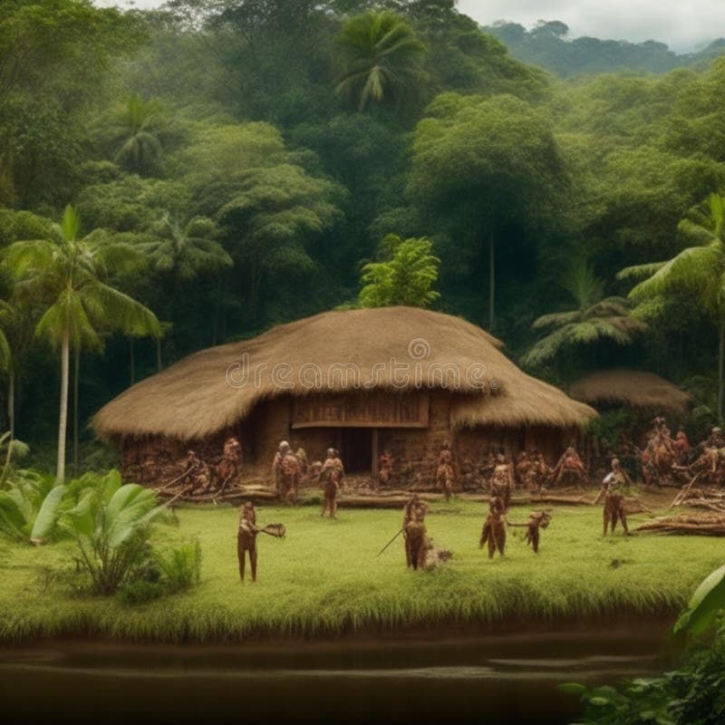 Indigenous Tribe in a Village Surrounded by Trees. Stock Illustration ...