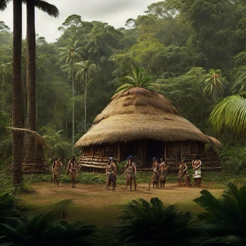 Indigenous Tribe in a Village Surrounded by Trees. Stock Illustration ...