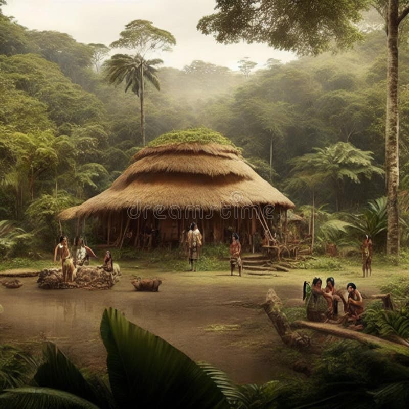 Indigenous Tribe in a Village Surrounded by Trees. Stock Illustration ...
