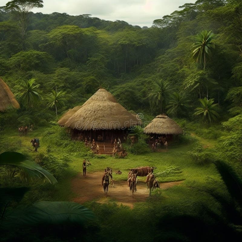 Indigenous Tribe in a Village Surrounded by Trees. Stock Illustration ...