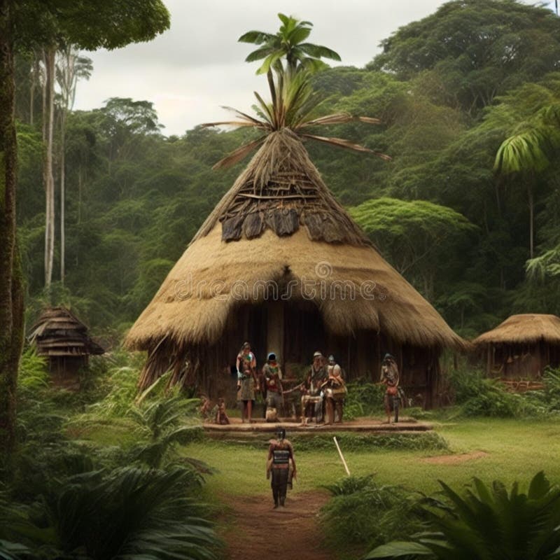 Indigenous Tribe in a Village Surrounded by Trees. Stock Illustration ...