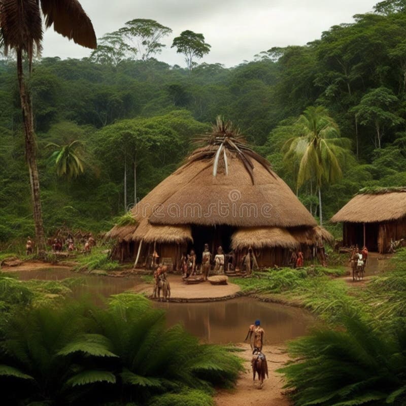 Indigenous Tribe in a Village Surrounded by Trees. Stock Illustration ...