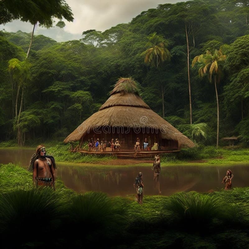 Indigenous Tribe in a Village Surrounded by Trees. Stock Illustration ...