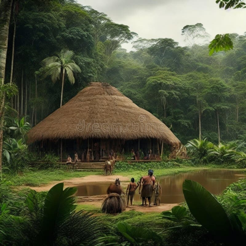 Indigenous Tribe in a Village Surrounded by Trees. Stock Illustration ...