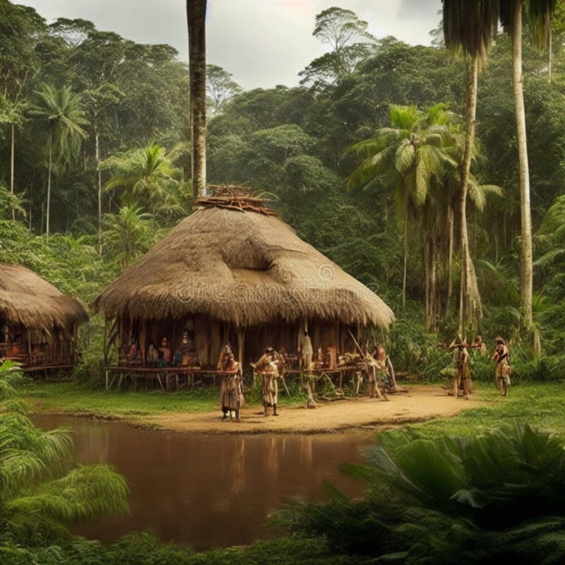 Indigenous Tribe in a Village Surrounded by Trees and Hollows. Stock ...