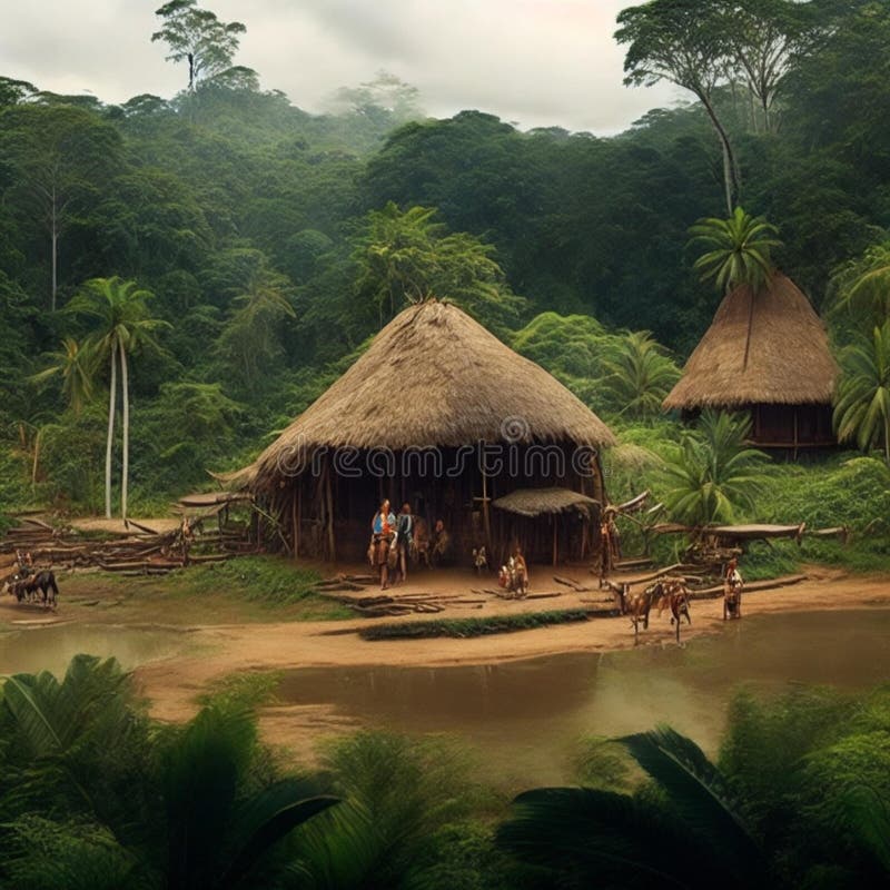 Indigenous Tribe in a Village Surrounded by Trees and Hollows. Stock ...