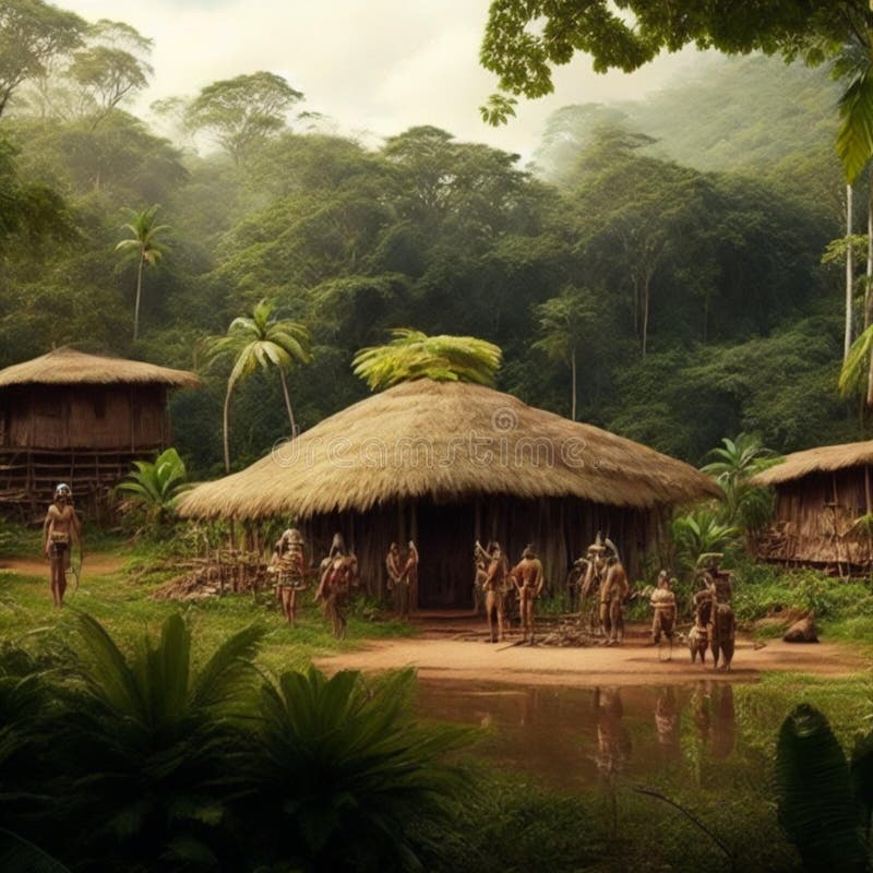 Indigenous Tribe in a Village Surrounded by Trees and Hollows. Stock ...