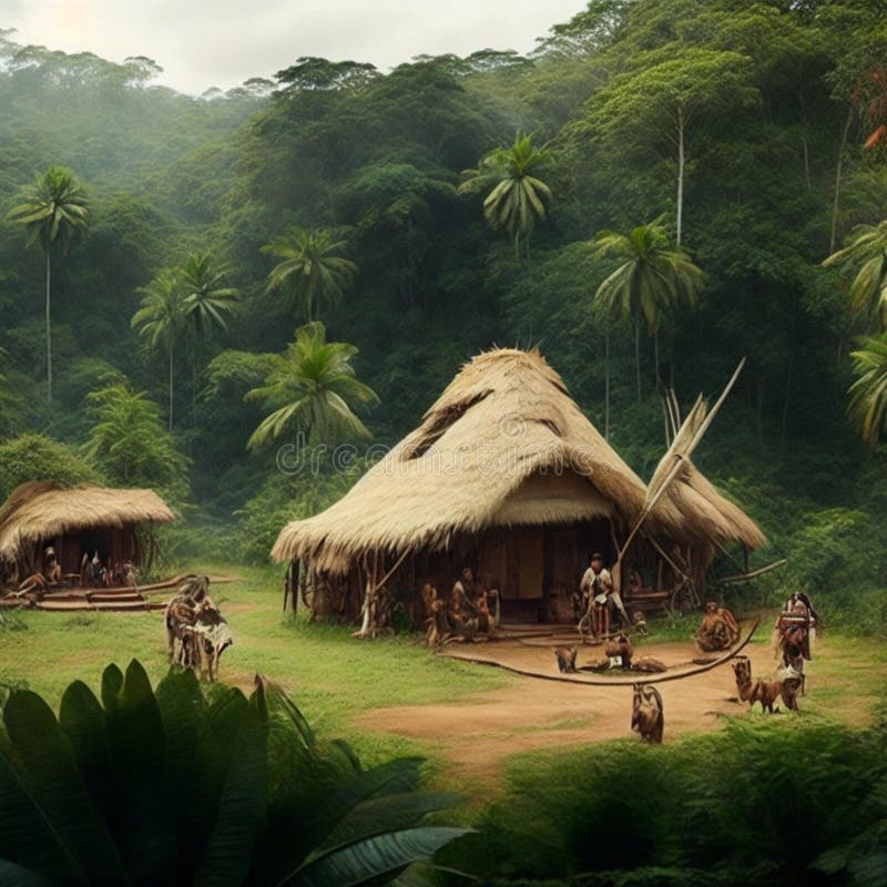 Indigenous Tribe in a Village Surrounded by Trees and Hollows. Stock ...