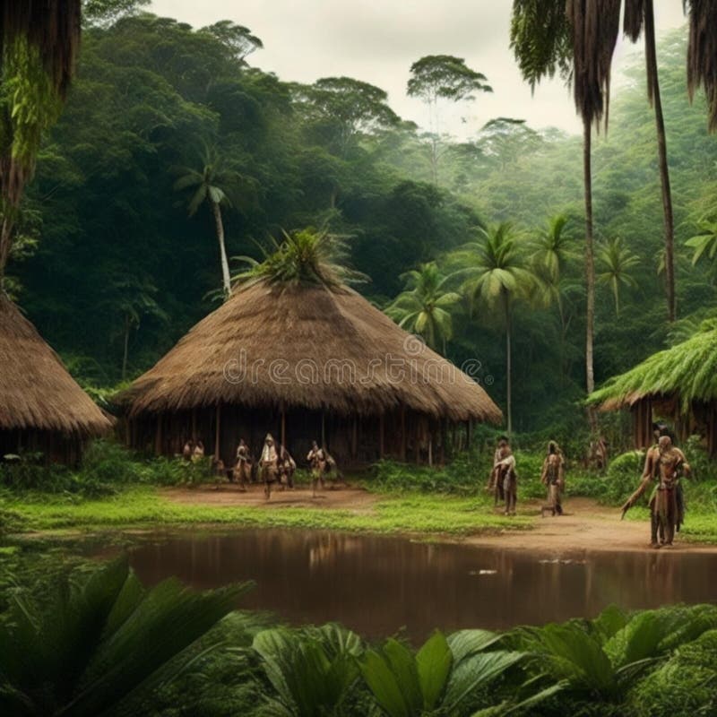 Indigenous Tribe in a Village Surrounded by Trees and Hollows. Stock ...
