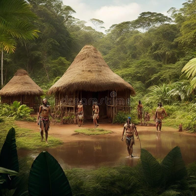 Indigenous Tribe in a Village Surrounded by Trees and Hollows. Stock ...