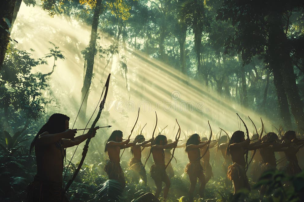 Indigenous Archers in a Dense Forest with Sunlight Filtering through ...