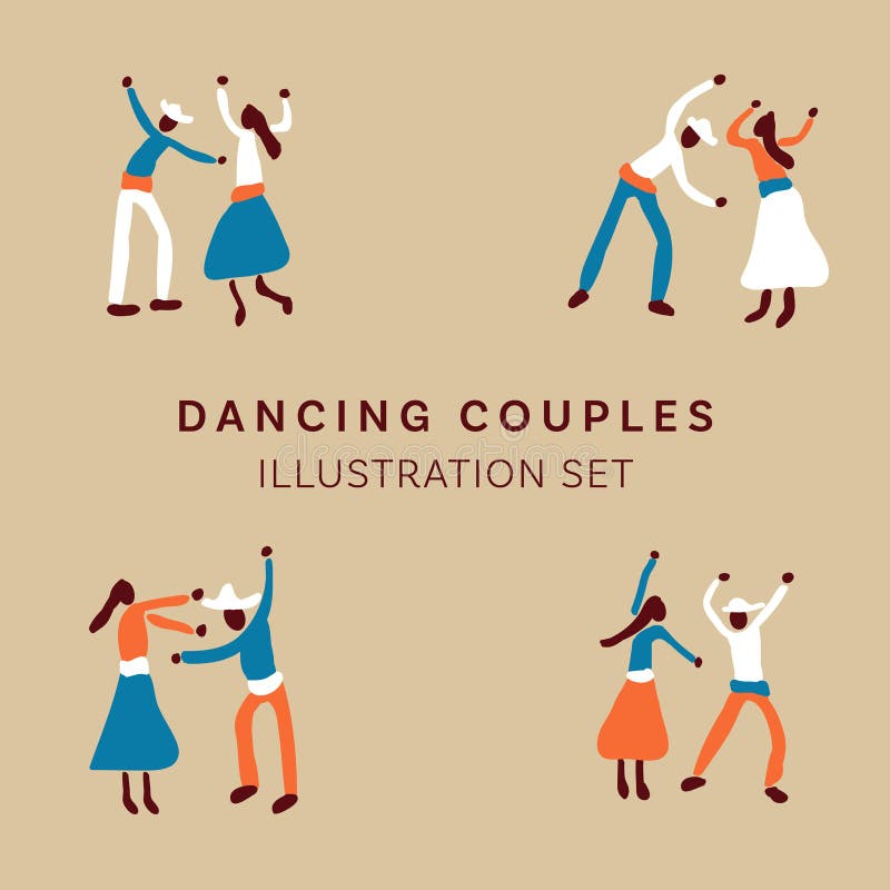Indigenous Dancing Couples Illustration Set in Doodle Style in Blue and ...