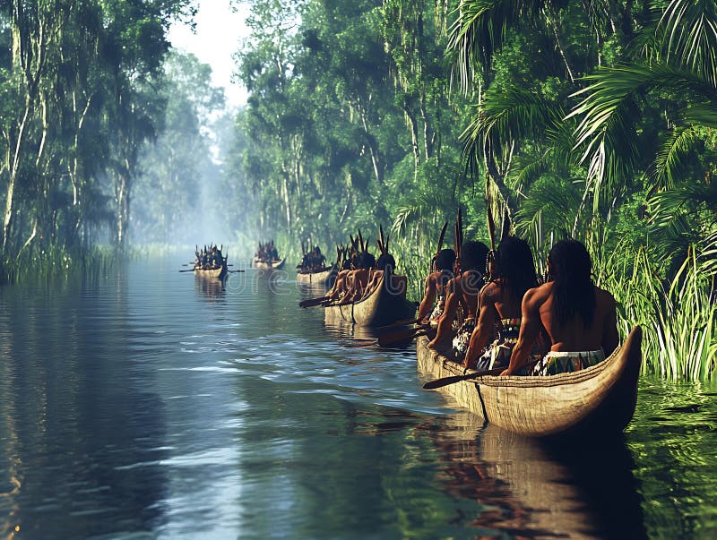 Indigenous People in Canoes on a Serene River Surrounded by Nature ...