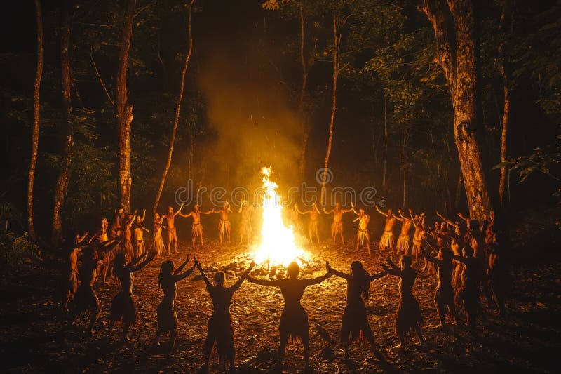Indigenous People Dancing Around Bonfire during Night Ritual Ceremony ...