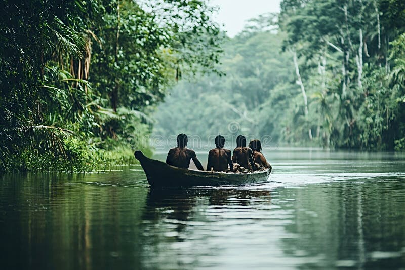 Indigenous People Navigating Amazon Rainforest River in a Dugout Canoe ...