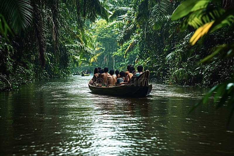 Indigenous People Navigating Amazon Rainforest River in Traditional ...