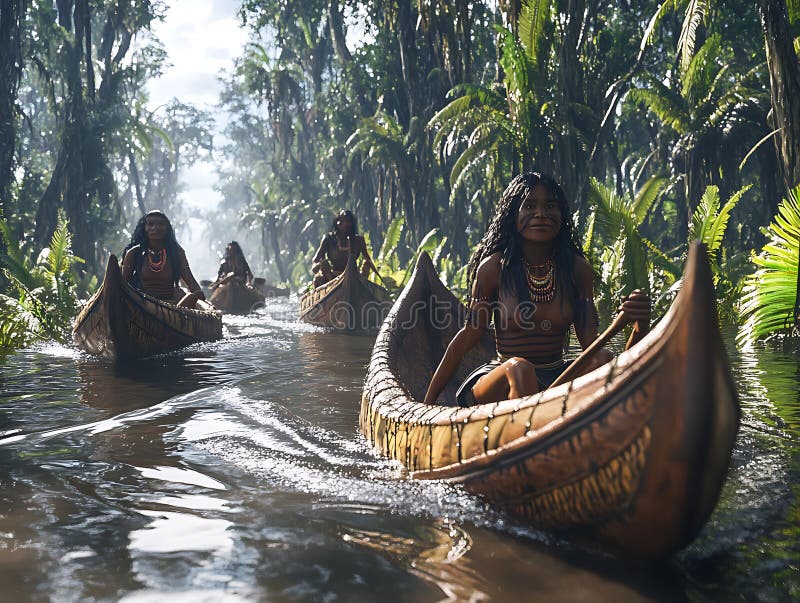 Indigenous People Navigating River in Traditional Canoes Stock ...