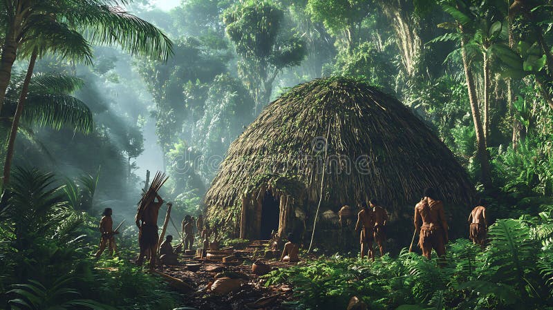 Indigenous People Near a Traditional Hut in Dense Jungle Stock ...