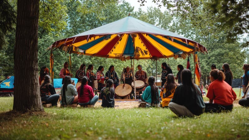 Indigenous Women Drumming Circle Under a Striped Canopy in a Park Stock ...