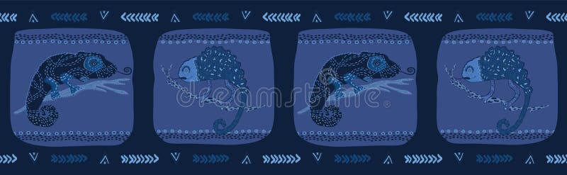 Indigo Blue Chameleon Lizard Seamless Border Pattern. Repeatable ...