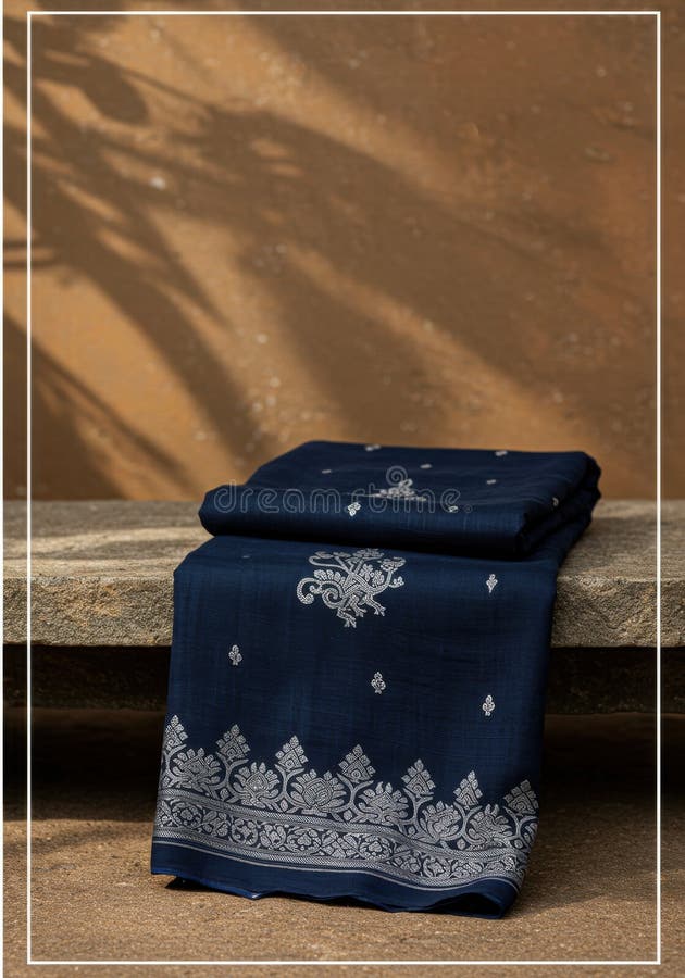 Indigo Blue Textile with White Pattern Folded on Stone Surface Stock ...