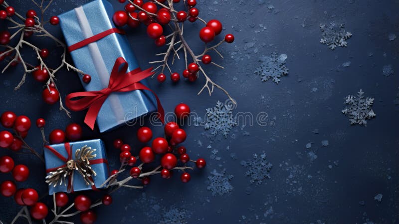 Indigo Christmas Presents with Red Berries on Blue Background Stock ...